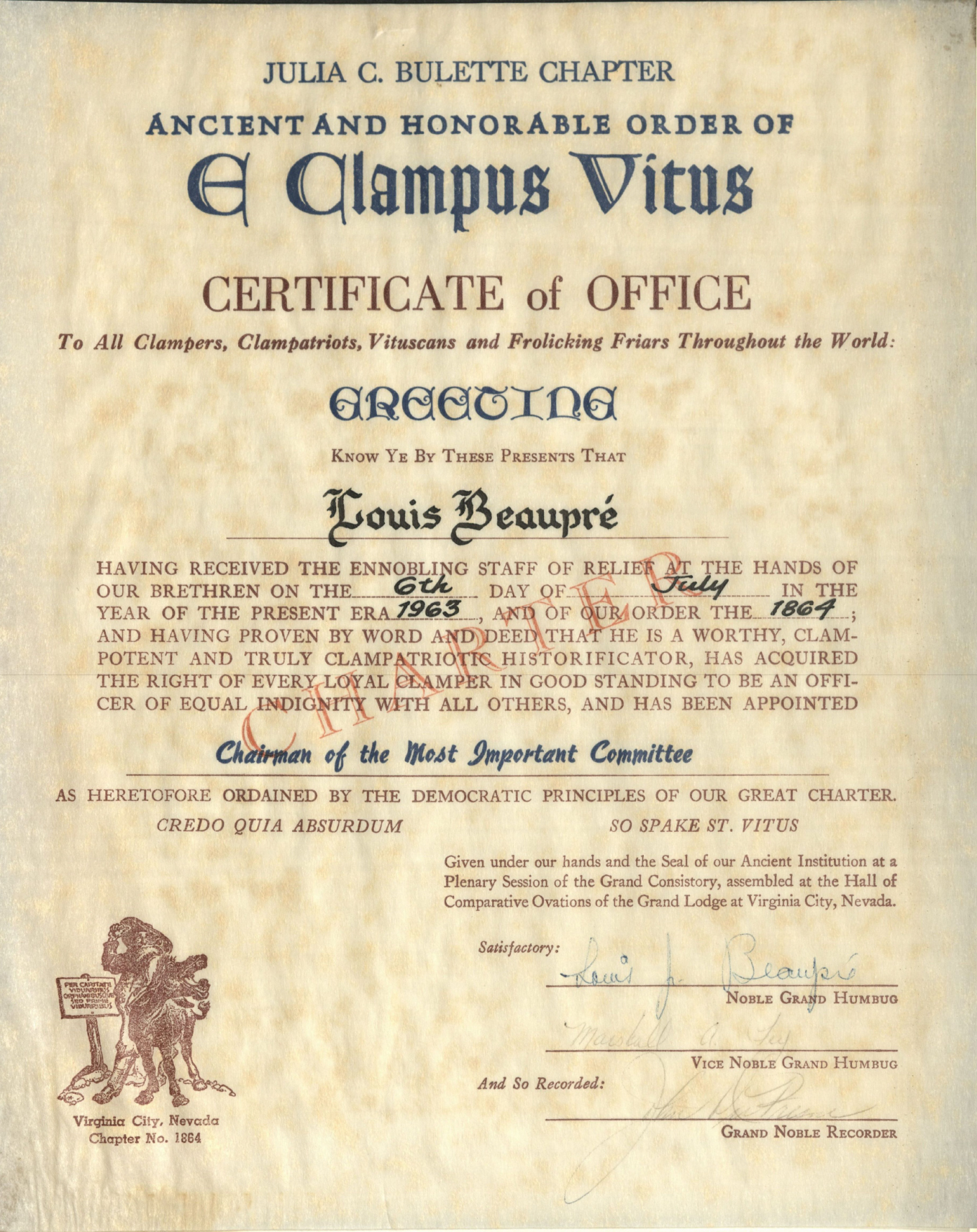 Louis Beaupre - ECV documents - Julia C Bulette Chapter 1864